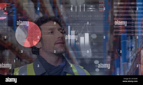 Image Of Statistical Data Processing Over Caucasian Male Worker Checking Stock At Warehouse