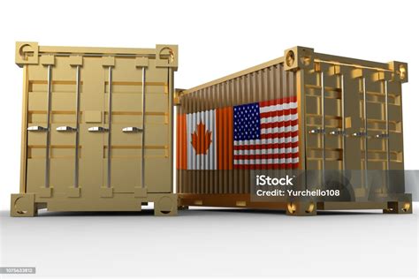 미국과 캐나다 국기와 함께 선적 화물 컨테이너의 3d 렌더링 3차원 형태에 대한 스톡 사진 및 기타 이미지 3차원 형태