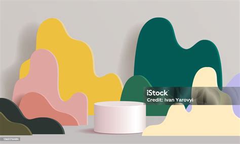 화이트 실린더 받침대 연단 다채로운 종이 컷 물결 모양 배경 다중 색상에 대한 스톡 벡터 아트 및 기타 이미지 다중 색상