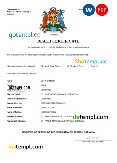 Grenada Vital Record Death Certificate Word And Pdf Fake Template