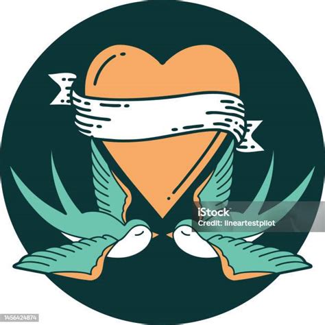제비와 배너가 있는 하트의 상징적인 문신 스타일 이미지 Galentines Day에 대한 스톡 벡터 아트 및 기타 이미지 Galentines Day 낮 디자인