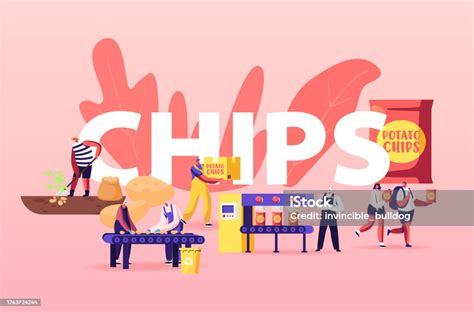 칩 제조 개념 사람들은 간식을 생산합니다 목장에 원시 감자를 파고 농부 칩을 생산 하는 노동자 캐릭터 감자 요리에 대한 스톡 벡터 아트 및 기타 이미지 Istock