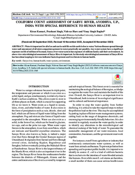 Pdf Coliform Count Assessment Of Saryu River Ayodhya U P India With Special Reference To