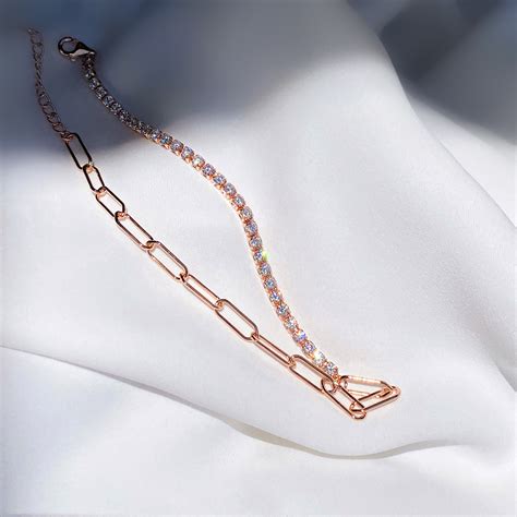 무배 실버925 14k 로즈골드 테니스 큐빅 And 사각 체인 믹스 은발찌