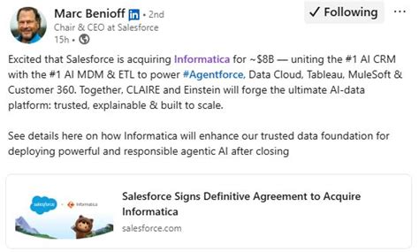 Salesforce Buys Informatica For 8b Ai And Data Future Sathish Ganesh Posted On The Topic