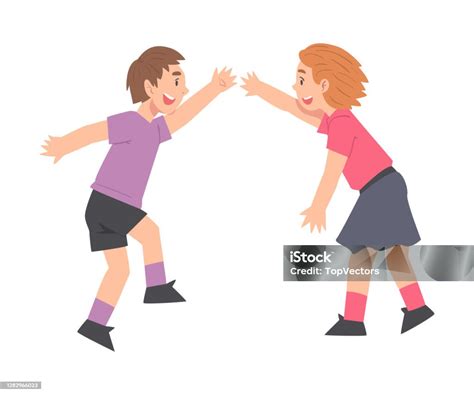 하이파이브를 하는 두 소년 쾌활한 친구 캐릭터 미팅 행복 계약 또는 기쁨 표현 만화 스타일 벡터 일러스트 2명에 대한 스톡 벡터