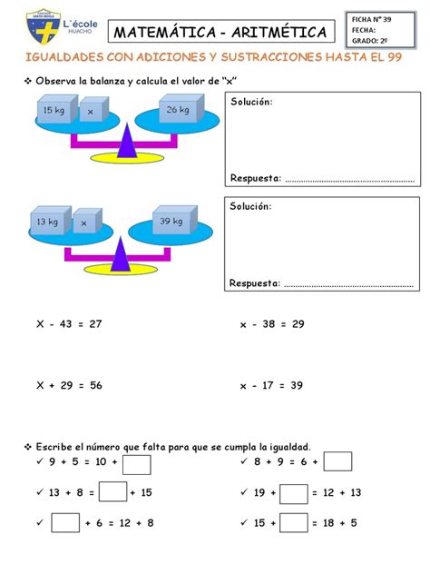 Igualdades Con Adiciones Y Sustracciones Hasta El 99 Ficha 39 Pdf