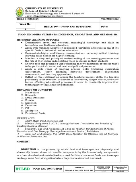 Module 4a Food And Nutrition 1 Pdf Lipoprotein Pancreas