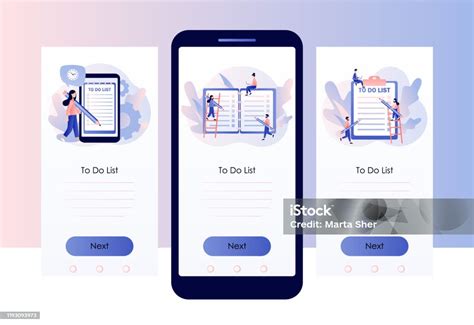 할 일 목록 은 혼잡 작은 사람들은 연도 월 주를 계획합니다 온라인 일기 체크리스트 주최자 및 노트북 페이지를 참조하십시오 휴대 스마트 폰을위한 화면 템플릿 현대 평면 만화