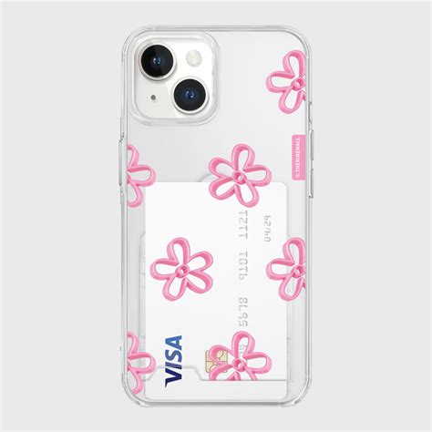더나인몰 Pink Line Flower Pattern 투명 카드수납 케이스 아이폰케이스 클리어 하드 아이폰15 14 프로 맥스 카드케이스 폰케이스 Iphone 13프로