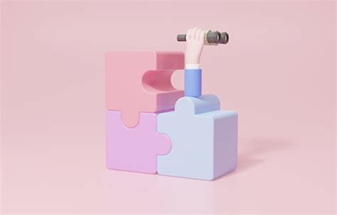 불완전한 퍼즐에 쌍안경을 들고 작업 개념을 완성하기 위해 누락 된 조각을 찾는 손 3d 렌더링 일러스트레이션 3차원 형태에 대한
