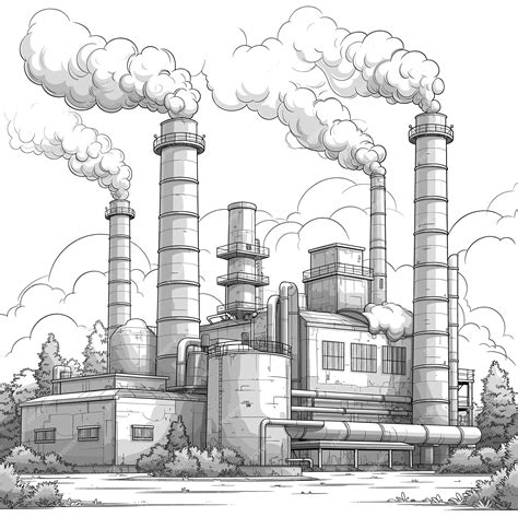 A Drawing Of A Factory With Smoke Stacks In The Background Premium Ai