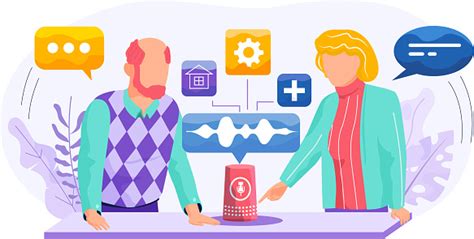 가상 음성 비서 개념의 사람들이 스피커 장치 사운드 로봇 근처에 앉아 있는 스마트 스피커 개념에 대한 스톡 벡터 아트 및 기타 이미지 개념 남자 로봇 Istock