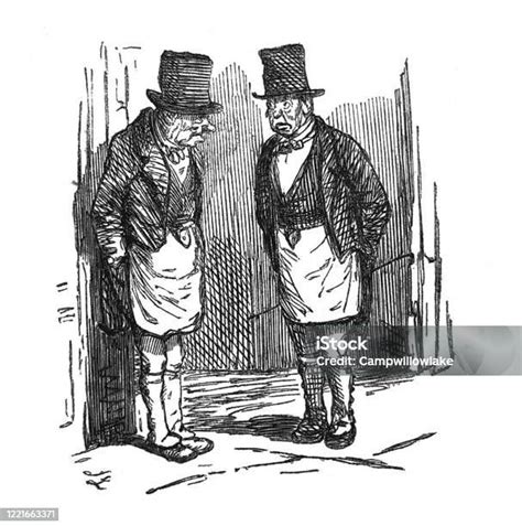 영국 풍자 만화 캐리커처 일러스트 거리에서 이야기에 서 있는 탑햇에 두 명의 티켓 포터 빅토리아 스타일에 대한 스톡 벡터 아트 및 기타 이미지 빅토리아 스타일 19세기
