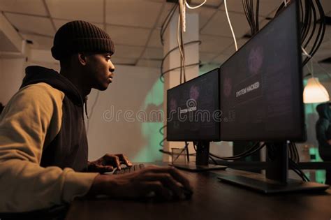 African American Thief Working With Encryption To Hack Computer System Stock Image Image Of
