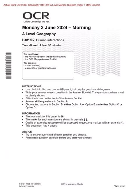 Actual 2024 Ocr Gce Geography H48102 A Level Merged Question Paper