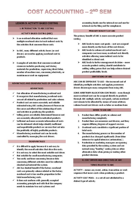 Activity Based Costing Cost Acctg Cost Accounting 2 Sem Lesson 9 Activity Based Costing I