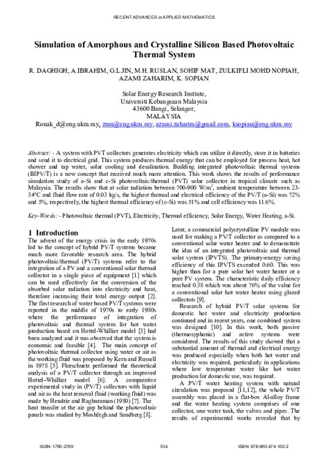 Pdf Simulation Of Amorphous And Crystalline Silicon Based Photovoltaic Thermal System