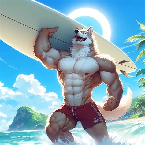 Open Muscular Furry Wolf With Surfboard At Beach By Musclefurrybara On