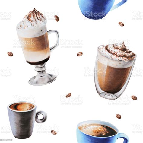 커피 컵과 커피 빈이 있는 수채화 매끄러운 패턴 라떼 에스프레소 아메리카노 모카 고립된 배경에 손 그림 디자이너 메뉴 상점 바 비스트로 레스토랑 엽서 포장지 커버용 포스터