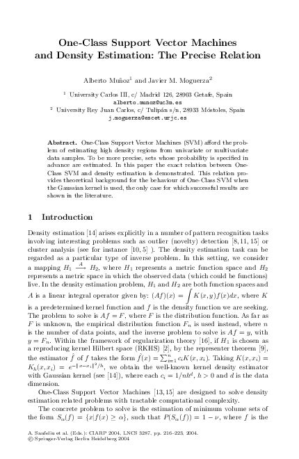 Pdf One Class Support Vector Machines And Density Estimation The