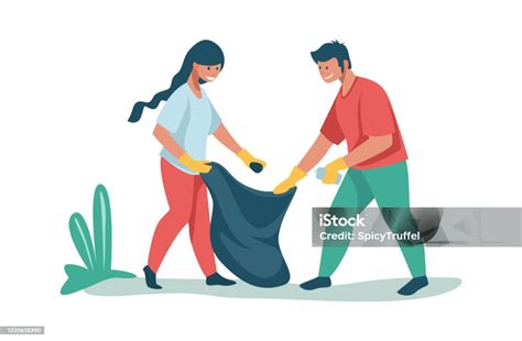 폐기물을 분류하고 재활용하는 사람들 야외에서 쓰레기를 수거하는 자원봉사자들 남자와 여자 가방에 쓰레기를 넣어 캐릭터는 자연을
