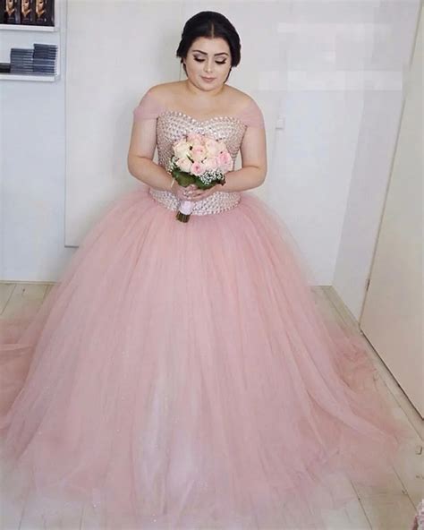 Blush Pink Plus Size Wedding Dress Ball Gown Wedding Dress Crystal