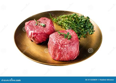 Dry Aged Fillet Mignon Beef Steak With Herbs Raw Marble Meat Isolated