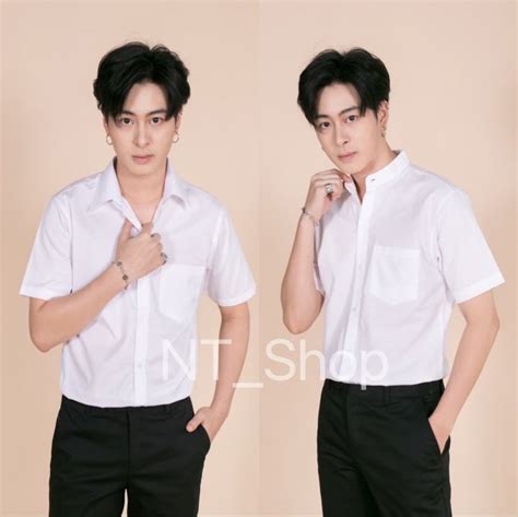 🎊เสื้อนักศึกษาแขนสั้นชาย[คอปก คอจีน]รอบอก36 56 ผ้าคอมทวิว สีขาวนวล สีขาวสว่าง Th