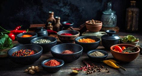 Premium Photo Various Spice Bowls And Vegetables On A Black Wooden Table