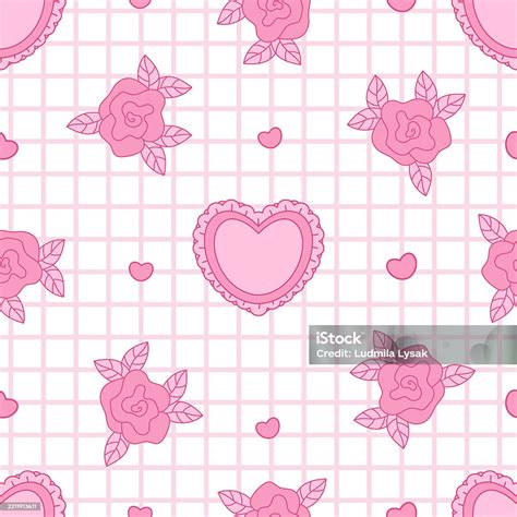 코케트 완벽 한 패턴 핑크 로즈와 빈티지 하트 체크 무늬 흰색 배경에 로맨틱한 여성스러운 분위기 트렌디한 미적 꽃 패턴 배경 템플릿 벡터 일러스트 레이 션 귀여운에 대한