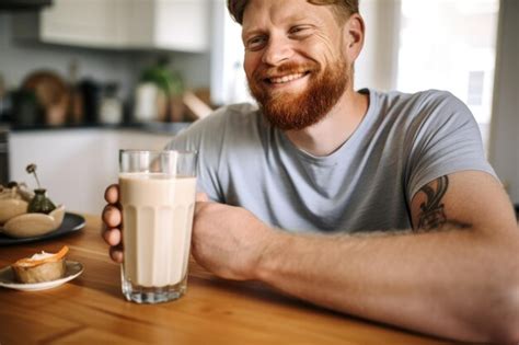 Premium Ai Image Man Enjoying A Morning Iced Chai Latte At The Kitchen Table