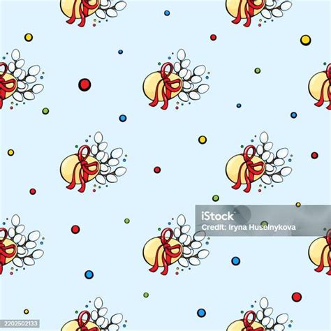 리본과 버드나무 가지를 곁들인 부활절 달걀 축제 완벽 한 패턴 포장지 인쇄 직물 인사말 카드에 대 한 벡터 일러스트 레이 션 4월에 대한 스톡 벡터 아트 및 기타 이미지