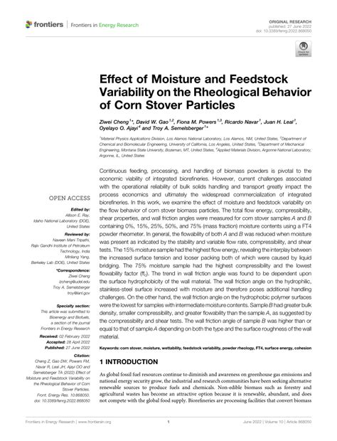 Pdf Effect Of Moisture And Feedstock Variability On The Rheological Behavior Of Corn Stover