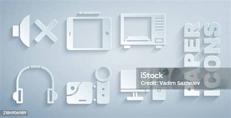 시네마 카메라 전자 레인지 헤드폰 컴퓨터 모니터 그래픽 태블릿 및 스피커 음소거 아이콘을 설정합니다 벡터 3차원 형태에 대한 스톡 벡터 아트 및 기타 이미지 Istock