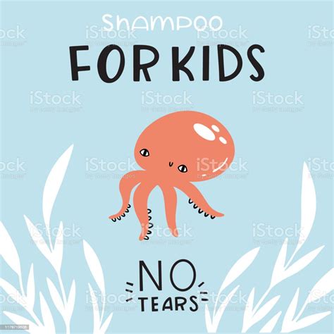 텍스트 아이들을위한 샴푸 아니 눈물 낙서 스타일의 귀여운 문어와 벡터 일러스트 손으로 그린 레이블의 템플릿 디자인 요소 귀여운에