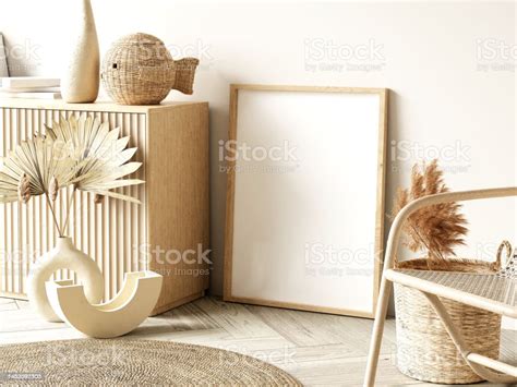 Boho 스타일의 인테리어로 된 프레임과 포스터 모형 3d 렌더링 3d 일러스트레이션 바닥재에 대한 스톡 사진 및 기타 이미지 바닥재 액자 거실 Istock
