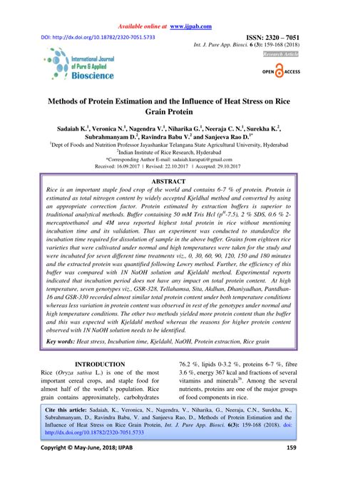 Pdf Methods Of Protein Estimation And The Influence Of Heat Stress On Rice Grain Protein