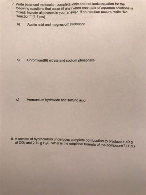 Solved Write Balanced Molecular Complete Ionic And Net Chegg