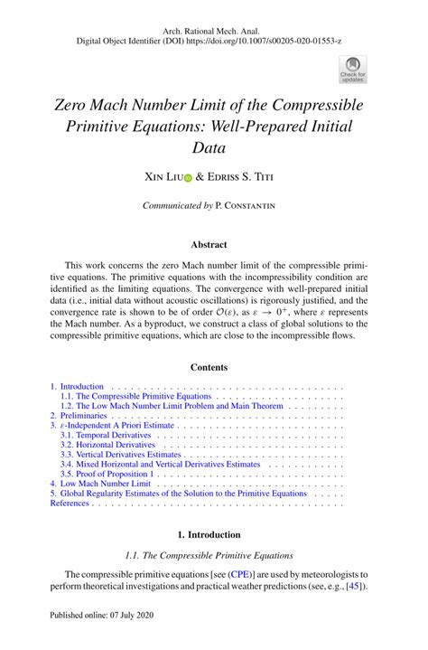 PDF Zero Mach Number Limit Of The Compressible Primitive Equations Well Prepared Initial Data