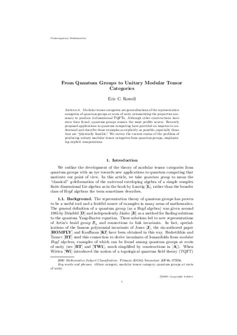 Pdf From Quantum Groups To Unitary Modular Tensor Categories
