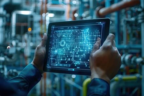 Engineer Using Tablet To Analyze Schematic Diagrams At An Industrial