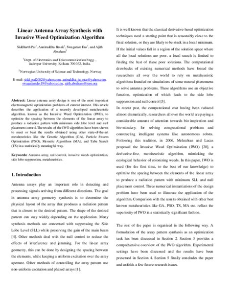 Pdf Linear Antenna Array Synthesis With Invasive Weed Optimization