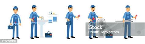 파란색 작업복을 입은 전문 남자 배관공 캐릭터는 장비 벡터 세트를 수리하고 고정한다 기술자에 대한 스톡 벡터 아트 및 기타