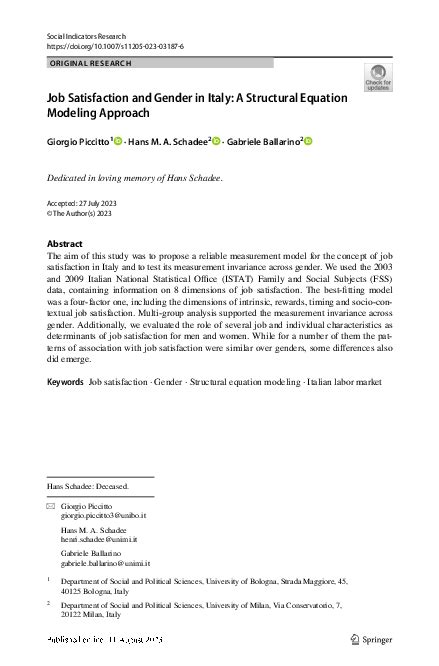 Pdf Job Satisfaction And Gender In Italy A Structural Equation Modeling Approach Giorgio