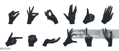 손 제스처 실루엣 세트 2 다양한 손 제스처 집합입니다 엄지 손가락 가리키는 손가락 주먹 하트 컵을 쥔 손 벡터 일러스트 레이 션 벡터에 대한 스톡 벡터 아트 및 기타