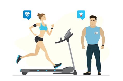 슬림 한 여자는 러닝 머신에서 실행 근처 피트니스 트레이너 건강한 생활 스타일 심장 운동 피트니스 운동 신체 활동 가냘픈에 대한 스톡 벡터 아트 및 기타 이미지 Istock