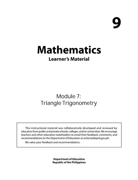 Grade 9 Mathematics Module 7 Triangle Trigonometry Pdf
