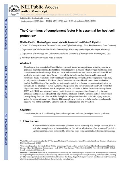 PDF The C Terminus Of Complement Factor H Is Essential For Host Cell Protection