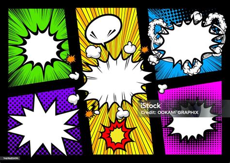 레트로 팝 아트 만화책 잡지 연설 거품 풍선 상자 메시지 슈퍼 히어로 판매 배너 빈 연설 거품 세트 벡터 일러스트 하프 톤 책 디자인 3차원 형태에 대한 스톡 벡터 아트 및